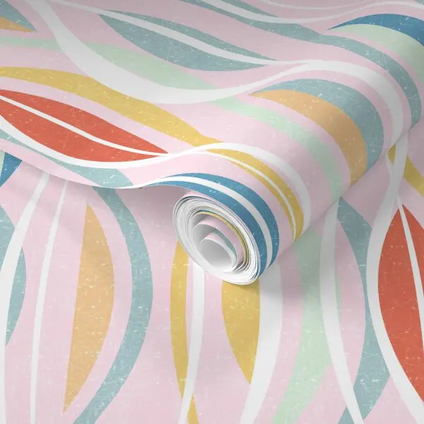 Spoonflower Pink White Vintage Blue Yellow Red Retro Custom Removable Wallpaper - Gray,orange,blue