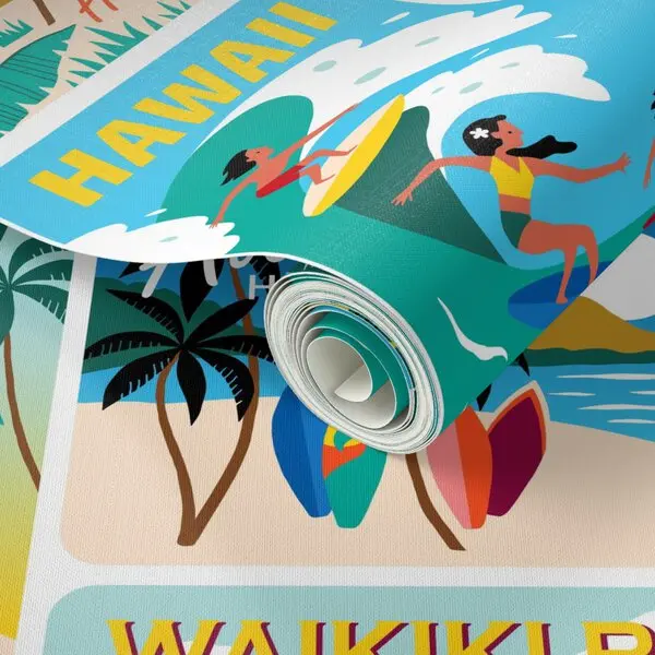Spoonflower Hawaii Waikiki Paradise Holiday Summer Retro Traditional Wallpaper - Blue,orange,green