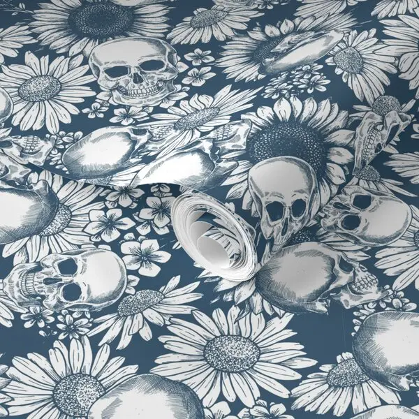 Spoonflower Flower Cute Floral Plant Skull Skeleton Traditional Wallpaper - Blue