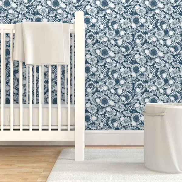 Spoonflower Flower Cute Floral Plant Skull Skeleton Traditional Wallpaper - Blue