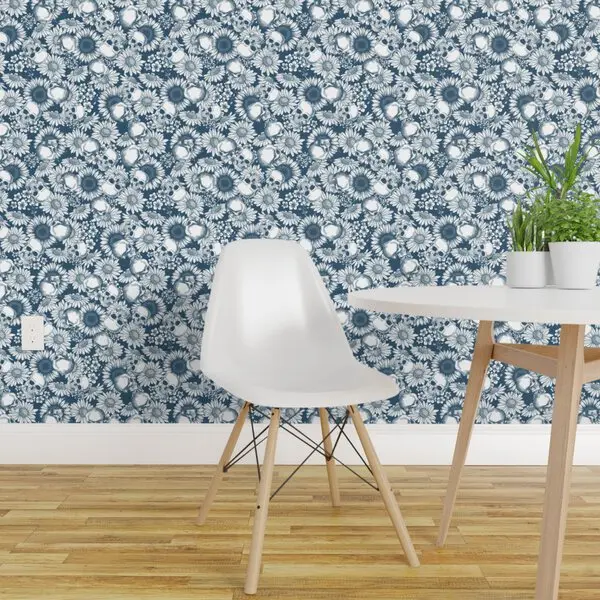 Spoonflower Flower Cute Floral Plant Skull Skeleton Traditional Wallpaper - Blue