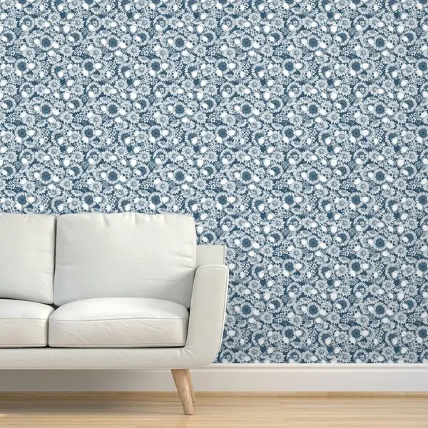 Spoonflower Flower Cute Floral Plant Skull Skeleton Traditional Wallpaper - Blue