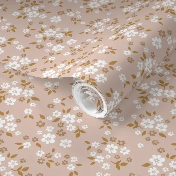 Spoonflower Mini Flowers Peach Pink Small Mustard Custom Pre-pasted Wallpaper