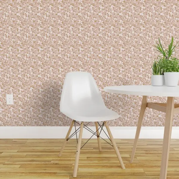 Spoonflower Mini Flowers Peach Pink Small Mustard Custom Pre-pasted Wallpaper