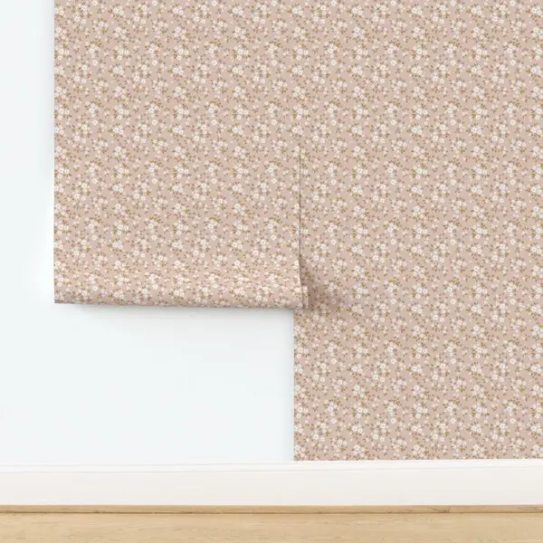Spoonflower Mini Flowers Peach Pink Small Mustard Custom Pre-pasted Wallpaper