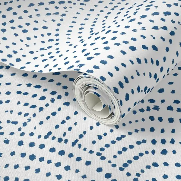 Spoonflower Large Ink Dot Scales Classic White Geometric Custom Pre-pasted Wallpaper - Blue