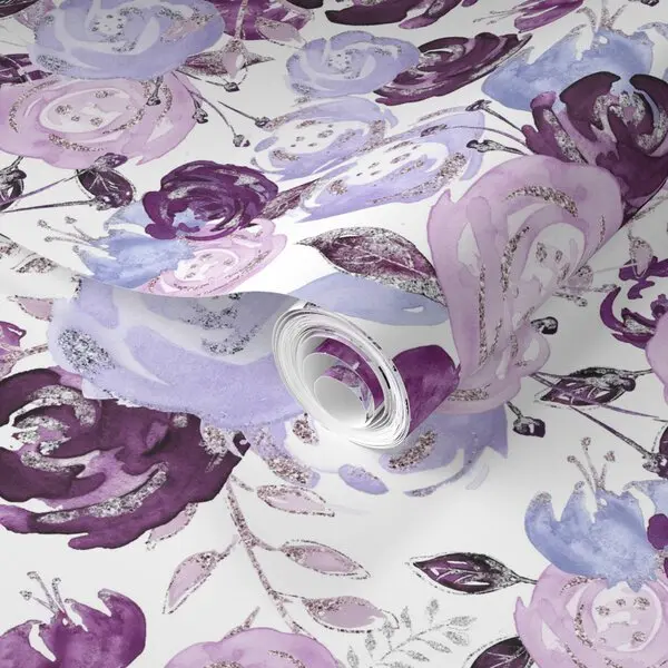 Spoonflower Vintage Flowers Purple Lilac Bouquet Mauve Custom Pre-pasted Wallpaper - Purple,gray