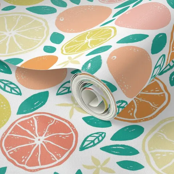 Spoonflower Citrus Pop Pink Green Fruit Summer Orange Yellow Custom Removable Wallpaper - Orange,blue,beige