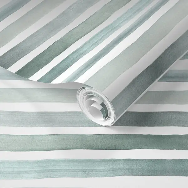 Spoonflower Ombre Stripe Sage Inch Watercolor Blue Green Custom Removable Wallpaper - Green,white,mint