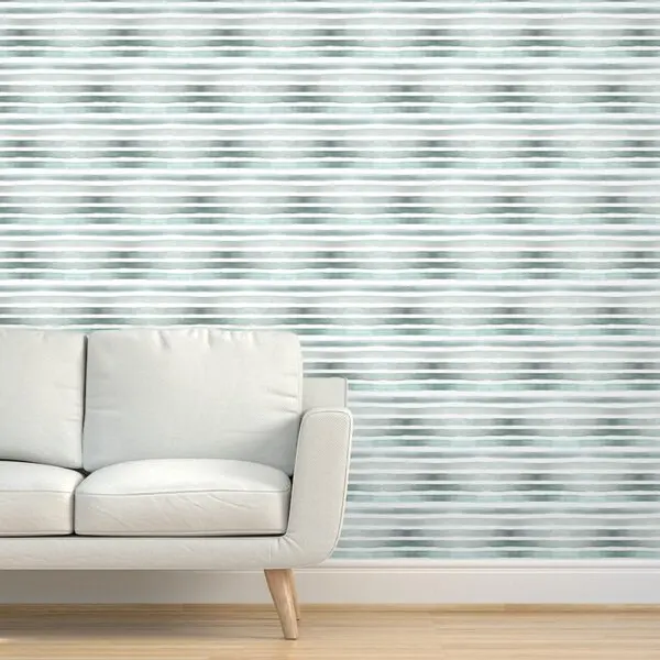 Spoonflower Ombre Stripe Sage Inch Watercolor Blue Green Custom Pre-pasted Wallpaper - Green,white,mint