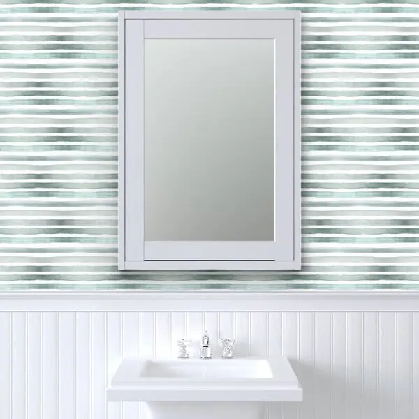 Spoonflower Ombre Stripe Sage Inch Watercolor Blue Green Custom Pre-pasted Wallpaper - Green,white,mint