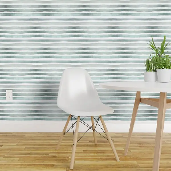 Spoonflower Ombre Stripe Sage Inch Watercolor Blue Green Custom Pre-pasted Wallpaper - Green,white,mint