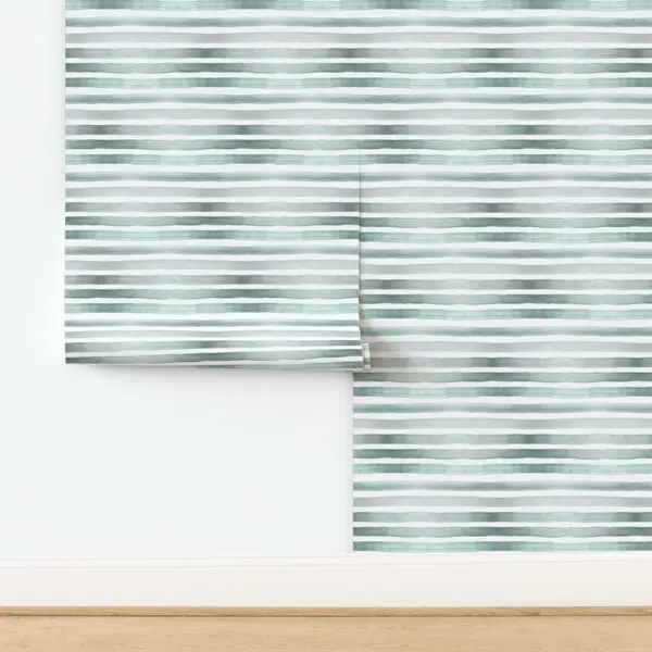 Spoonflower Ombre Stripe Sage Inch Watercolor Blue Green Custom Pre-pasted Wallpaper - Green,white,mint