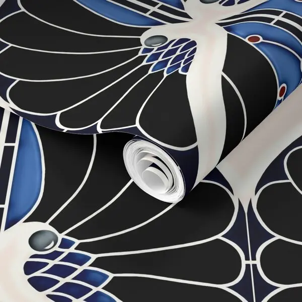 Spoonflower Peacocks Blue Art Nouveau Deco Stained Glass Look Custom Pre-pasted Wallpaper - Blue,black,gray