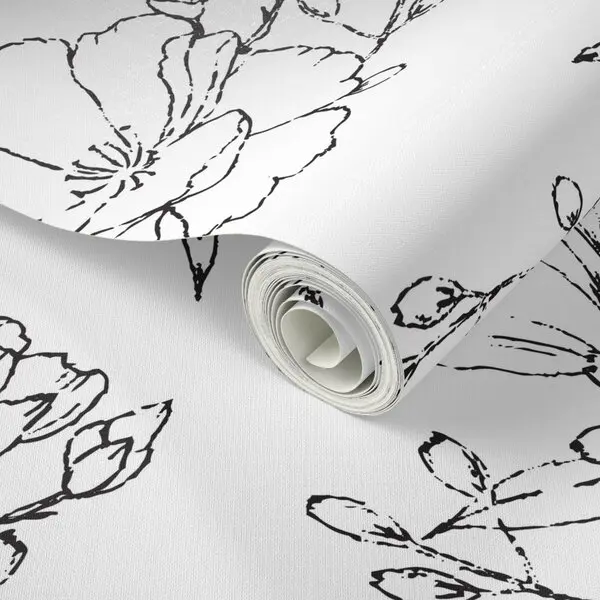 Spoonflower Black And White Floral Hand Drawn Nursery Traditional Wallpaper - Black,white,gray