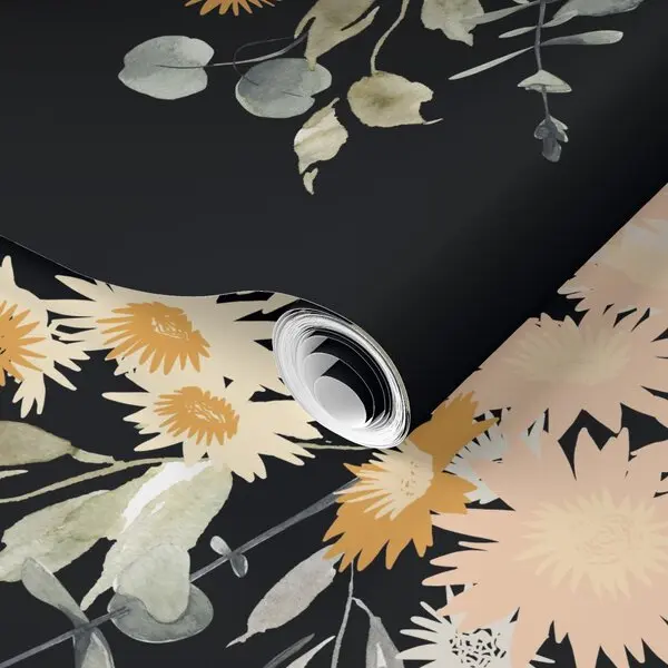 Spoonflower Black Yellow Floral Daisies Moody Eucalyptus Custom Pre-pasted Wallpaper - Beige,black,gray