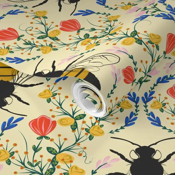 Spoonflower Bee Garden Pink Black Cream Yellow Flowers Red Custom Pre-pasted Wallpaper - Yellow,green,beige