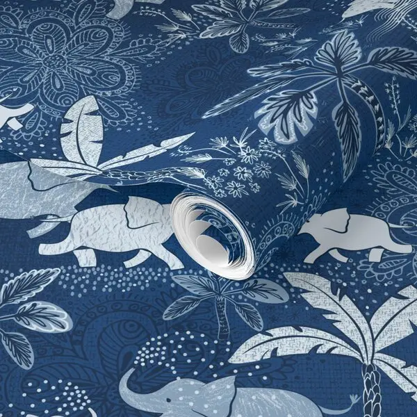 Spoonflower Happy Elephants Blue Leaves Animals Decorative Custom Pre-pasted Wallpaper - Blue,white