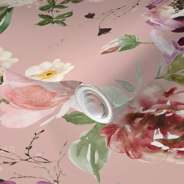 Spoonflower Pink Flowers Floral Love Roses Valentine Pastel Traditional Wallpaper - Pink,brown