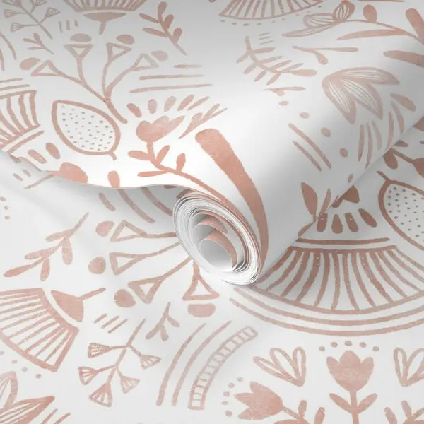 Spoonflower Pink Wildflower Damask Custom Pre-pasted Wallpaper - White,brown,gray