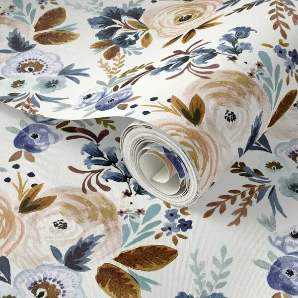 Spoonflower Vintage Blue Brown Floral Victorian Rose Traditional Wallpaper - Green,gray,blue
