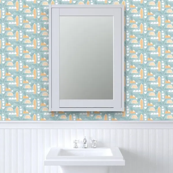 Spoonflower Abstract Spring Summer Beach Sea Sunrise Surf Custom Pre-pasted Wallpaper - Blue,orange,beige