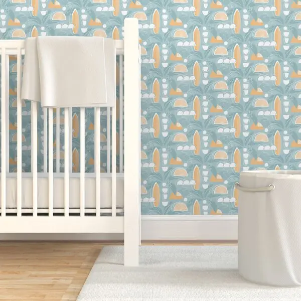 Spoonflower Abstract Spring Summer Beach Sea Sunrise Surf Custom Pre-pasted Wallpaper - Blue,orange,beige