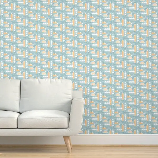 Spoonflower Abstract Spring Summer Beach Sea Sunrise Surf Custom Pre-pasted Wallpaper - Blue,orange,beige