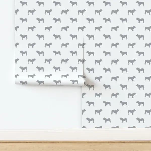 Spoonflower Dog Silhouette Bulldog Pattern English Pet Custom Removable Wallpaper - White,gray
