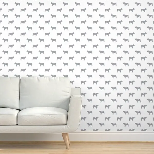 Spoonflower Dog Silhouette Bulldog Pattern English Pet Custom Removable Wallpaper - White,gray