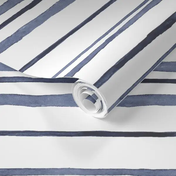 Spoonflower Blue Stripes Beach Landscape Nautical Custom Pre-pasted Wallpaper - Blue,white,gray
