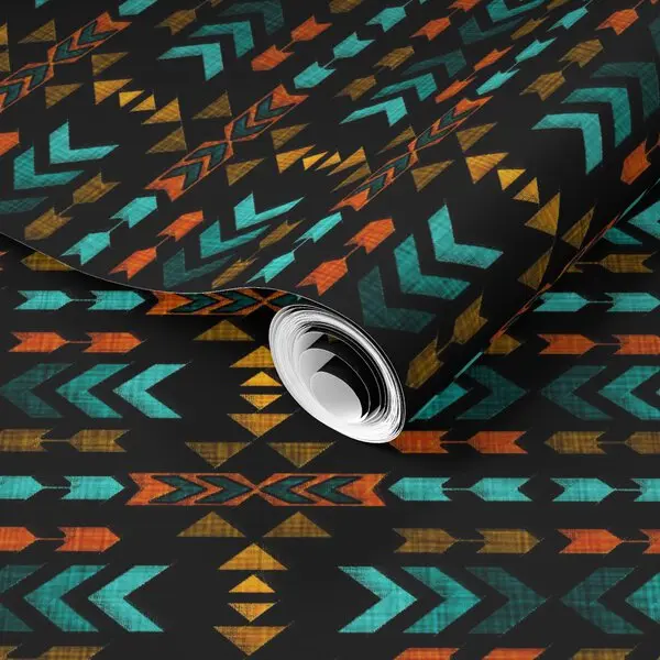 Spoonflower West Dark Black Background Arrows Western Tribal Custom Pre-pasted Wallpaper - Gray,brown,turquoise
