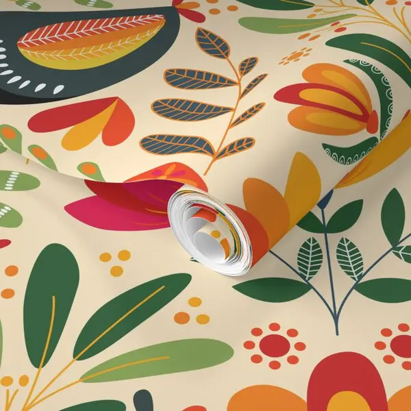 Spoonflower Boho Folk Colorful Spring Birds Jungle Paradise Custom Removable Wallpaper - Orange,green,beige