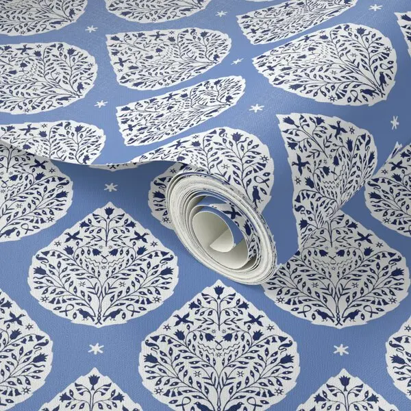 Spoonflower Paisley Small Navy Egyptian Mask Custom Pre-pasted Wallpaper - Blue,white