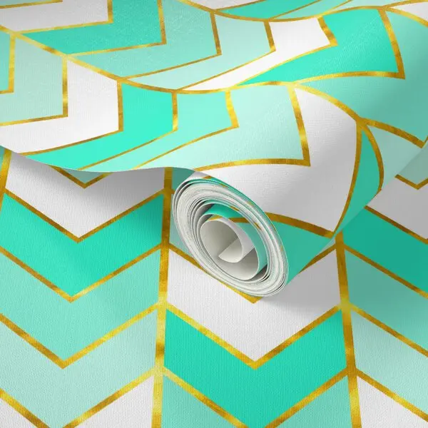 Spoonflower Ombre Herringbone Mint Arrows Chevron Gold Custom Removable Wallpaper - Mint,green,teal