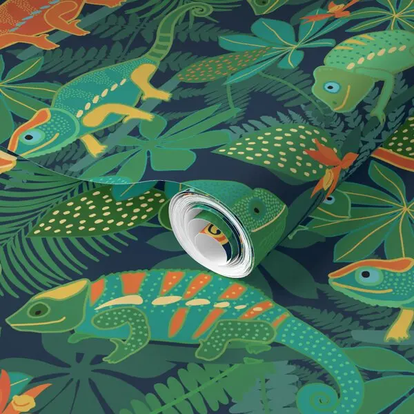 Spoonflower Jungle Green Teal Orange Colorful Large Tropical Custom Pre-pasted Wallpaper - Blue,green,orange