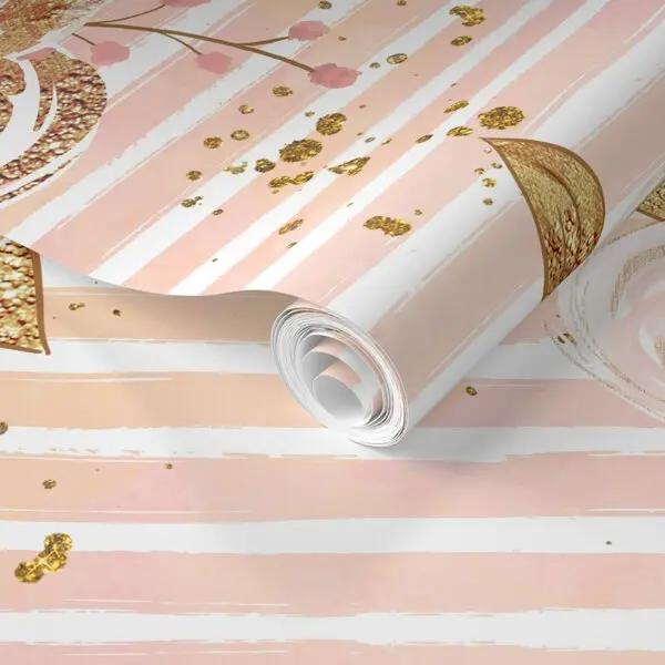 Spoonflower Pink Stripes Rose Gold Flowers Floral Flower Custom Removable Wallpaper - Pink,brown,gray