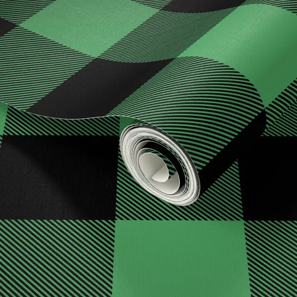 Spoonflower Plaid Check Buffalo Green Black And Custom Pre-pasted Wallpaper - Green,black