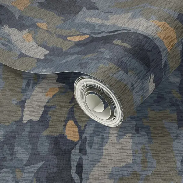 Spoonflower Camouflage Olive Green Yellow Gold Navy Blue Grey Traditional Wallpaper - Blue,gray,black