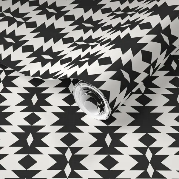 Spoonflower Boho Black White Triangle Custom Pre-pasted Wallpaper - Black,white,gray