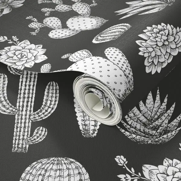 Spoonflower Cactus Collection Cacti Style Black Hipster Custom Pre-pasted Wallpaper - Black,white,gray
