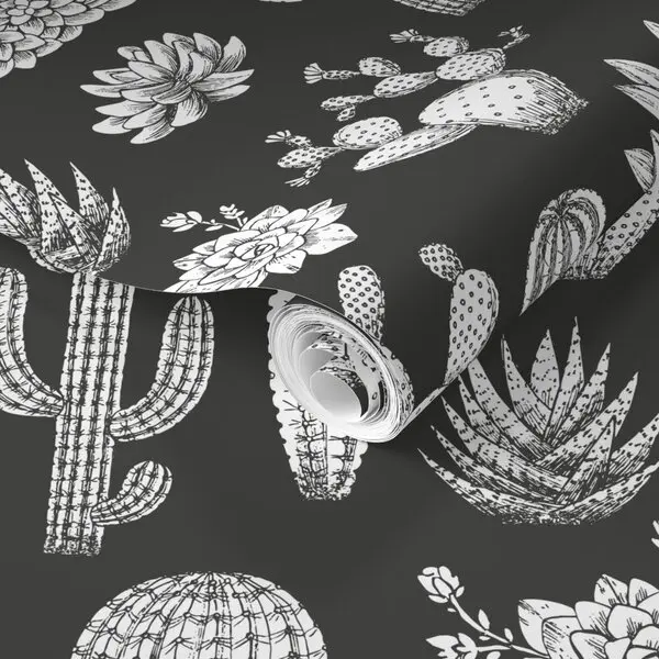 Spoonflower Cactus Collection Cacti Style Black Hipster Custom Removable Wallpaper - Black,white,gray