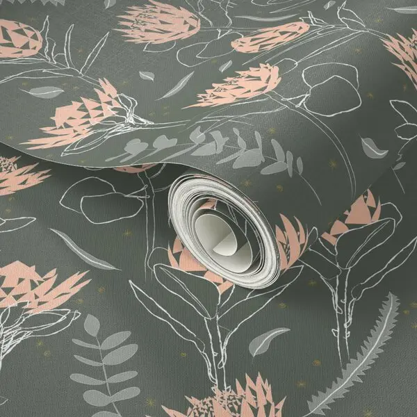Spoonflower Floral Peach Protea Freehand Thyme Australian Custom Pre-pasted Wallpaper - Green,beige,gray