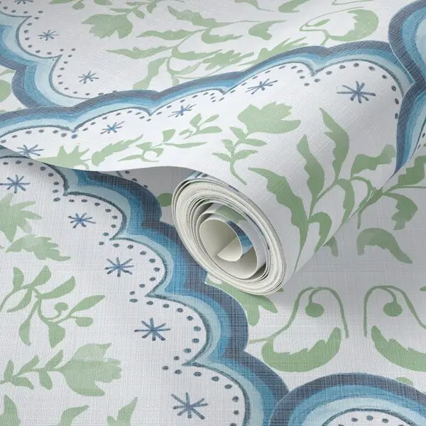 Spoonflower Large Blue And Green Scallop Paisley Custom Removable Wallpaper - Green,blue,mint
