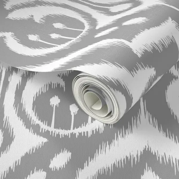 Spoonflower Ikat Damask Gray Home Silver Abstract Victorian Custom Removable Wallpaper - Gray,white