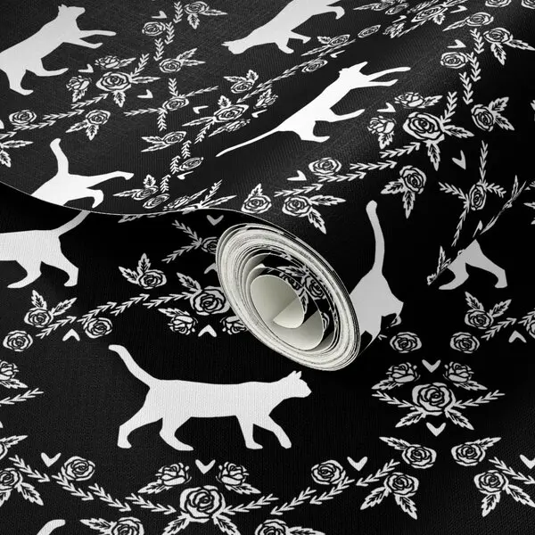Spoonflower Monochrome Florals Cat Silhouette Custom Pre-pasted Wallpaper - Black,white,gray