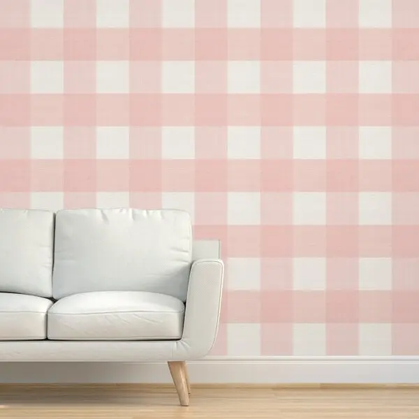 Spoonflower Ballet Slipper Buffalo Plaid 100% Natural Sisal Grasscloth Wallcovering - Pink,gray