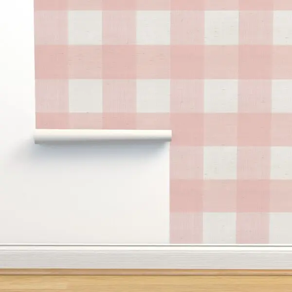 Spoonflower Ballet Slipper Buffalo Plaid 100% Natural Sisal Grasscloth Wallcovering - Pink,gray