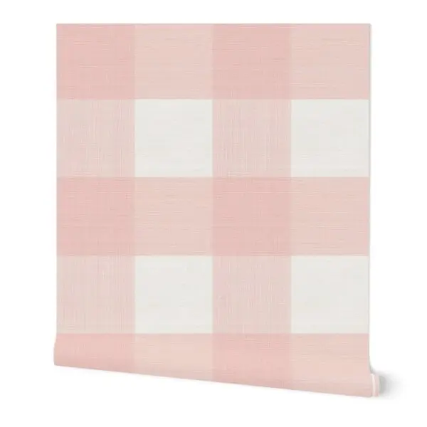 Spoonflower Ballet Slipper Buffalo Plaid 100% Natural Sisal Grasscloth Wallcovering - Pink,gray