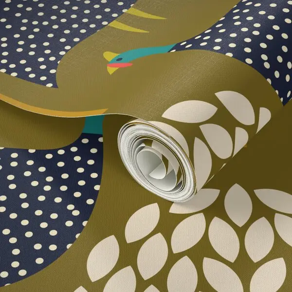Spoonflower Guinea Fowl Promenade 100% Natural Sisal Grasscloth Wallcovering - Green,black,brown